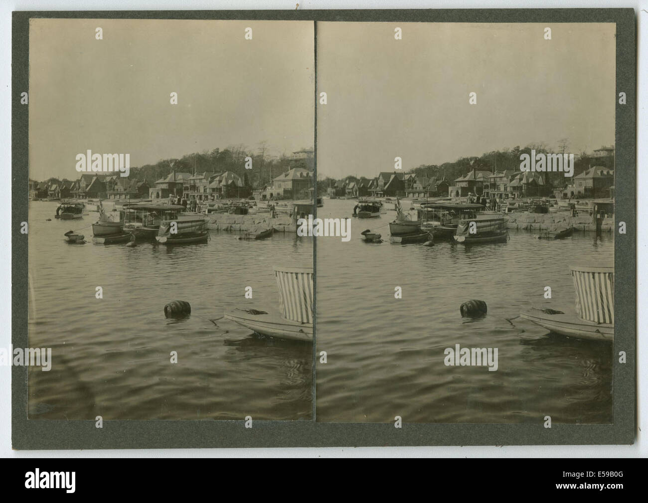 A stereograph depicting Boathouse Row, located along the Schuylkill ...