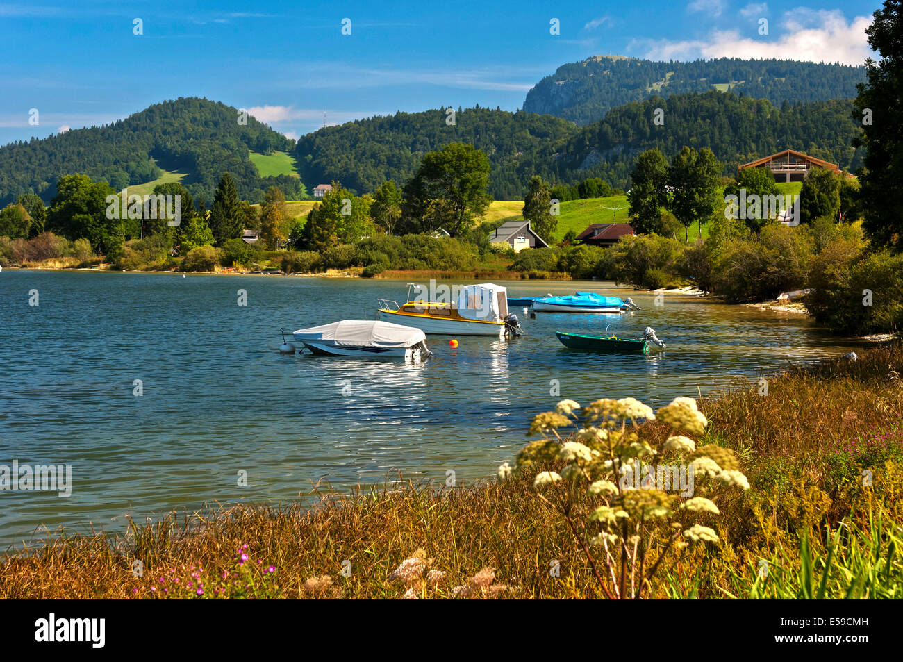Boats on the lake Lac de Joux near Le Pont, peak Dent de Vaulion behind ...