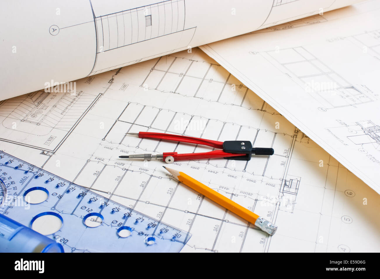architectural drawing with a ruler and compass Stock Photo - Alamy