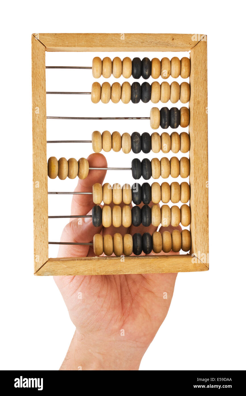 hand and a wooden Abacus isolated Stock Photo - Alamy