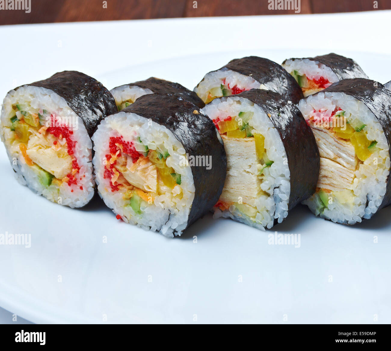Japanese sushi.Roll made with chicken, eggs and vegetables Stock Photo ...