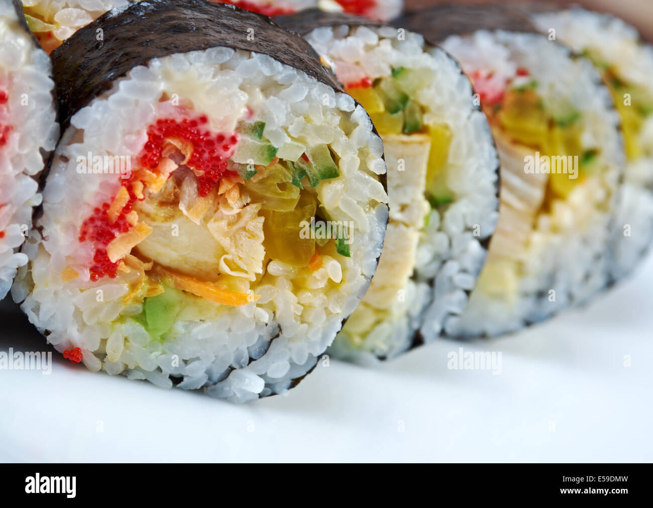 Japanese sushi.Roll made with chicken, eggs and vegetables Stock Photo ...
