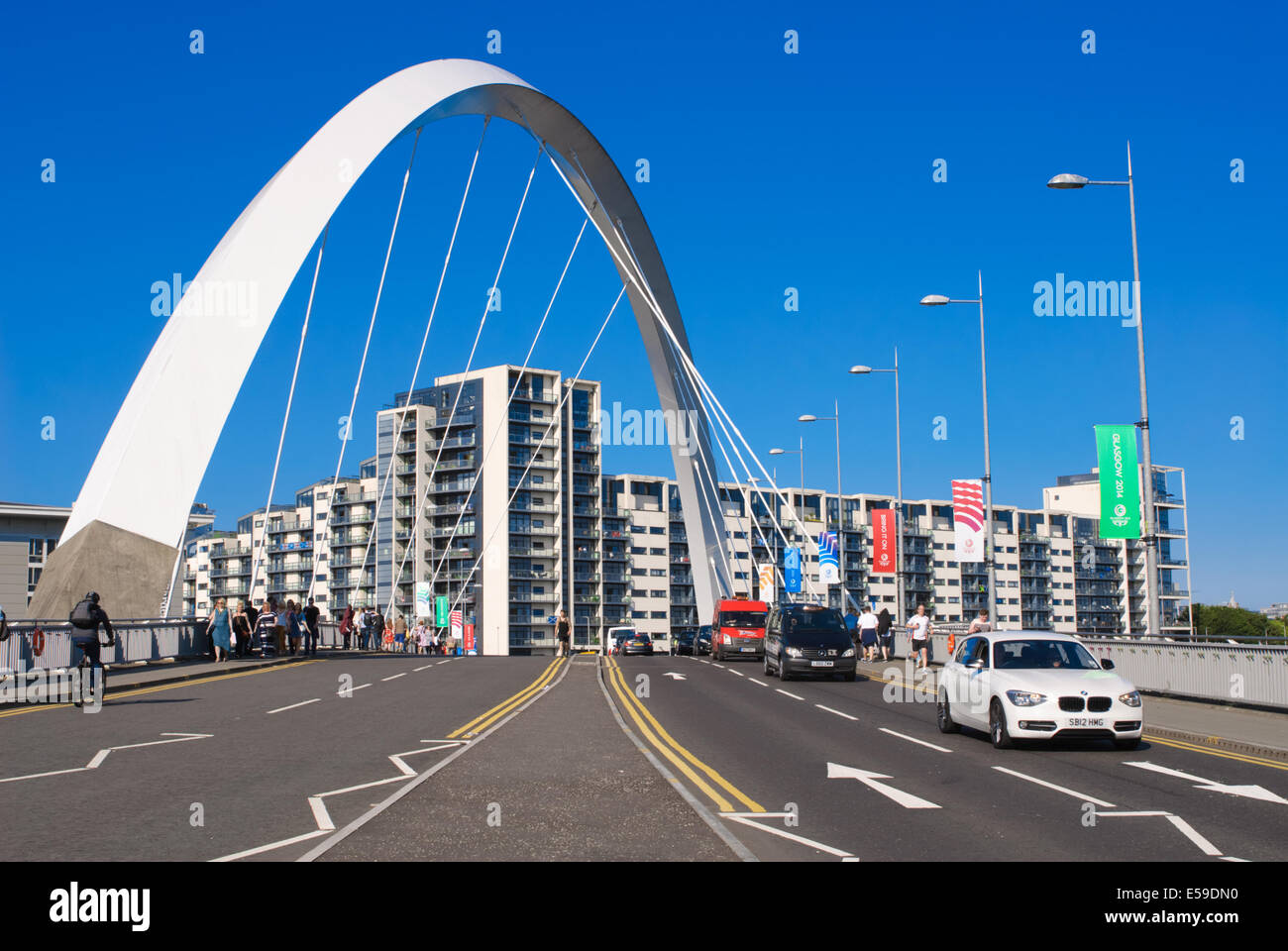 Clyde arc with Commonwealth Games banners on the lamp posts, Glasgow ...