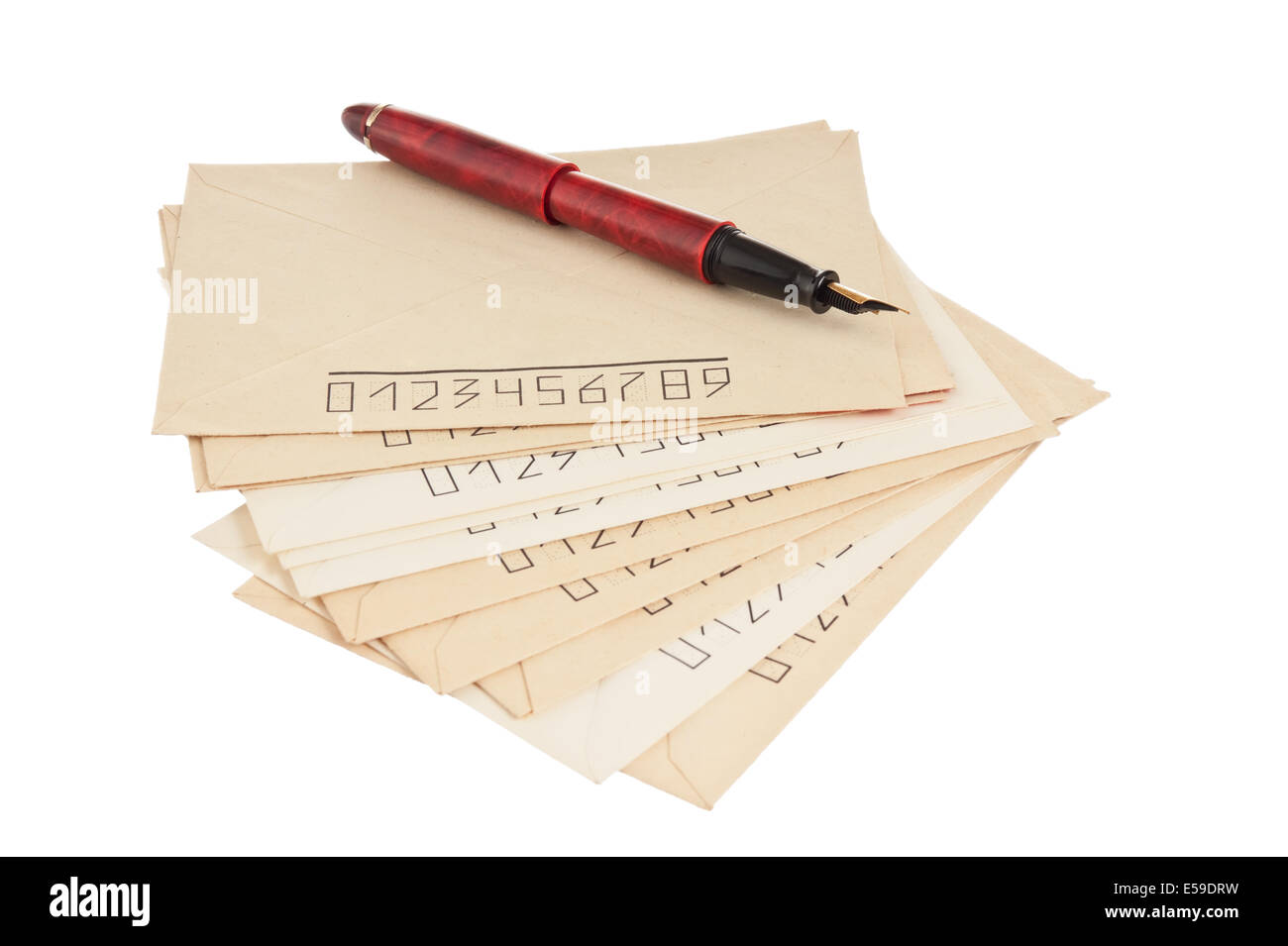 stack of mail envelopes and a pen isolated on white background Stock ...