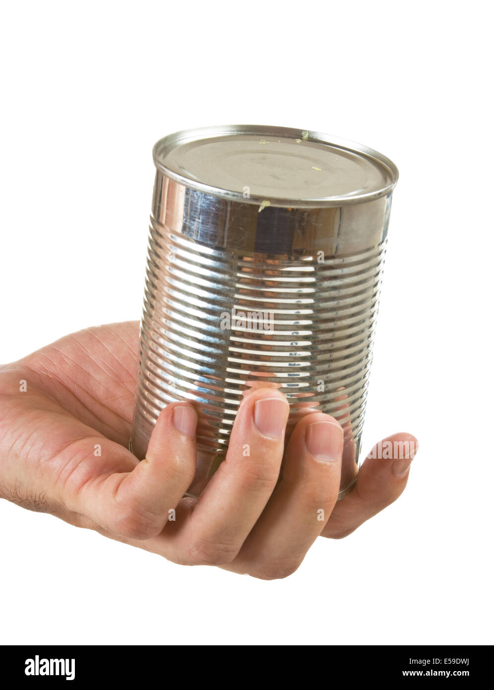 Food can in hand isolated on white background Stock Photo - Alamy
