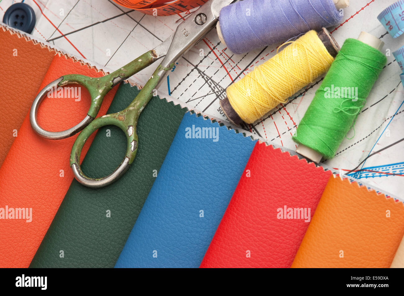 still life of spools of thread on a wooden background Stock Photo - Alamy
