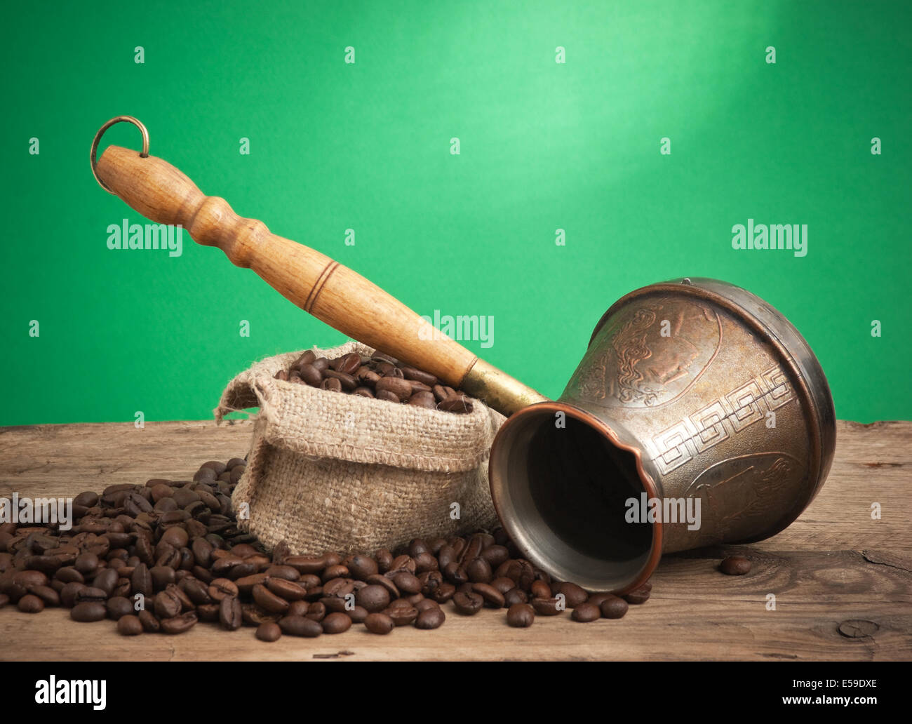 bag of coffee beans and an coffee maker Stock Photo - Alamy