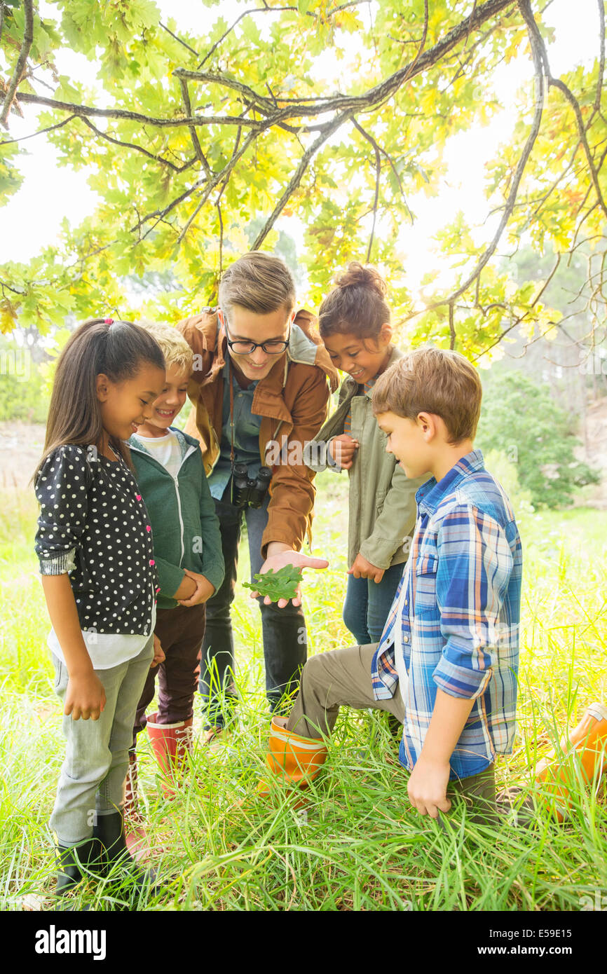 Students and teacher examining leaf outdoors Stock Photo - Alamy