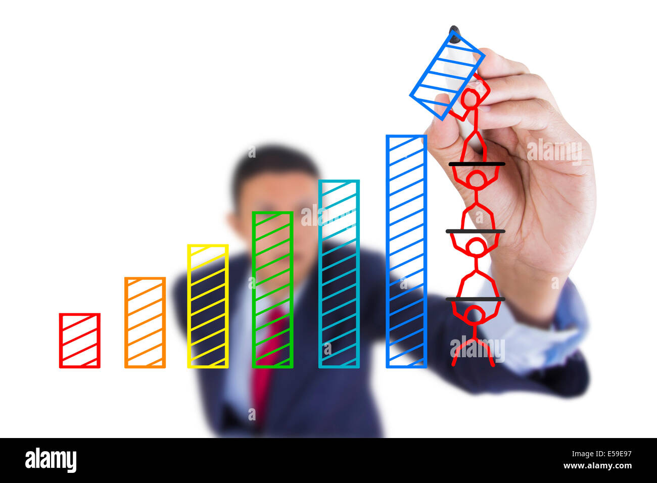 Concept business draw graph bar growth by teamwork above whiteboard ...