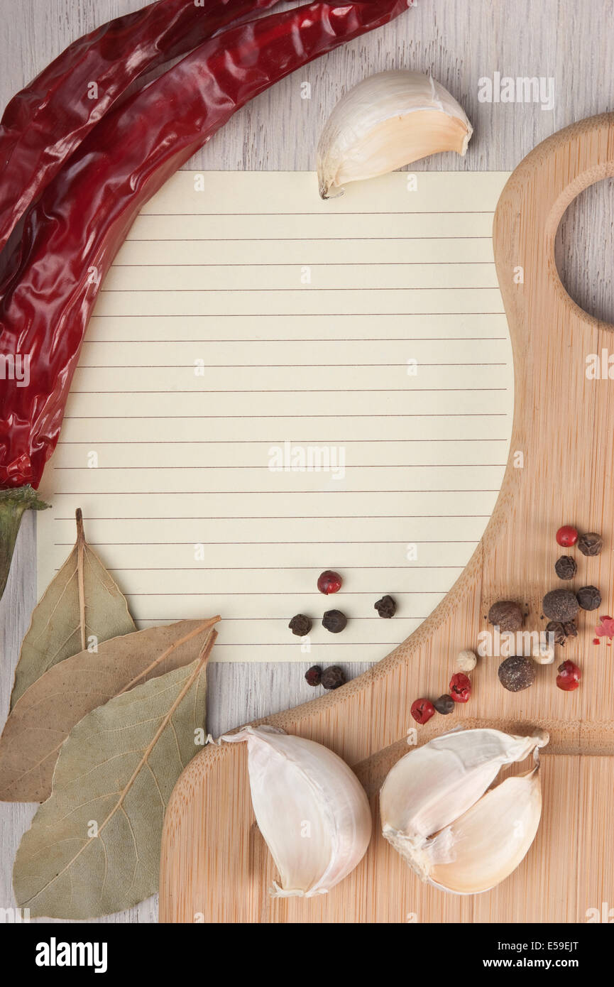 blank sheet for cooking recipes and spices on the kitchen table Stock ...