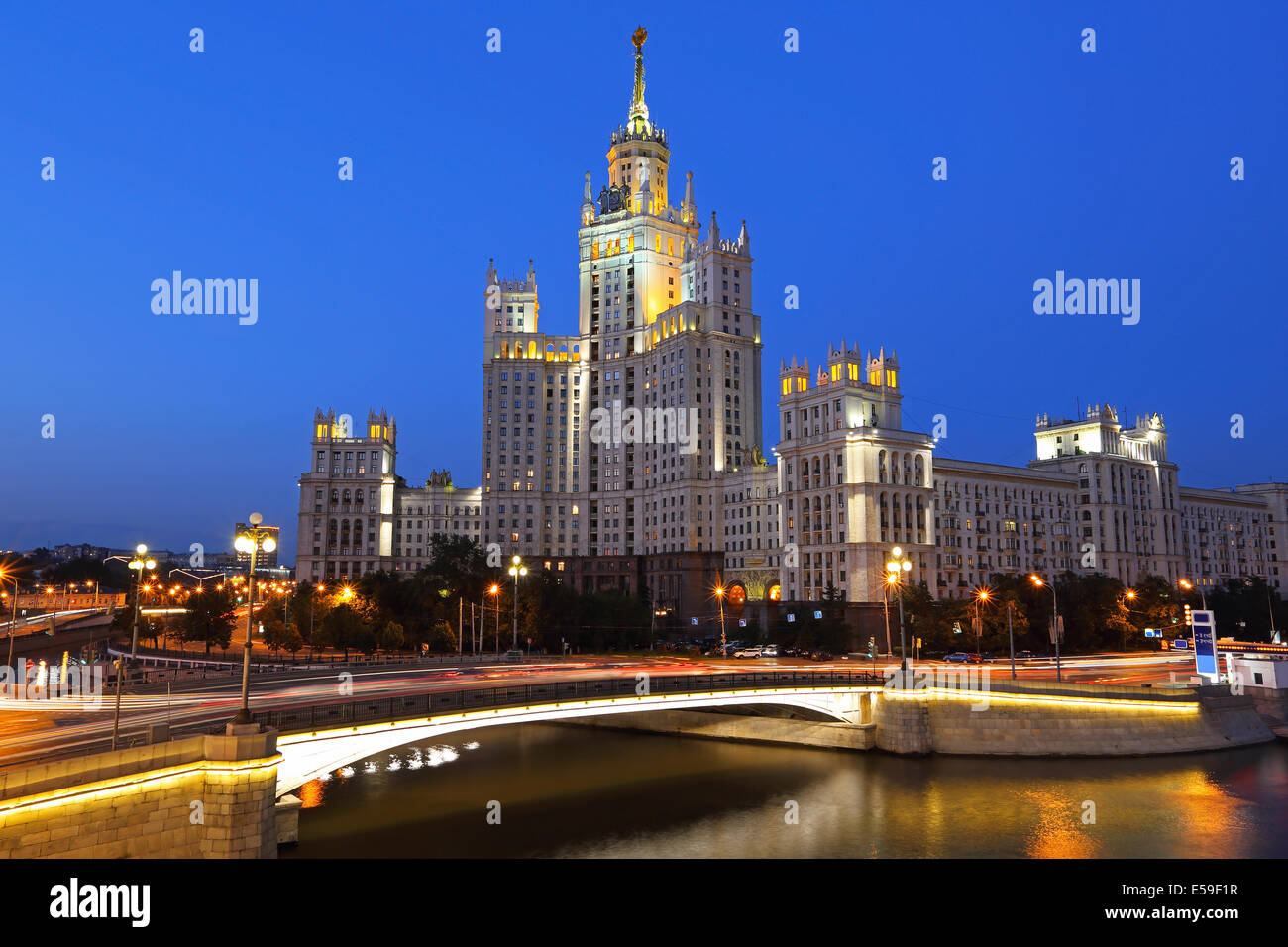 High-rise building on Kotelnicheskaya embankment in Moscow at night ...