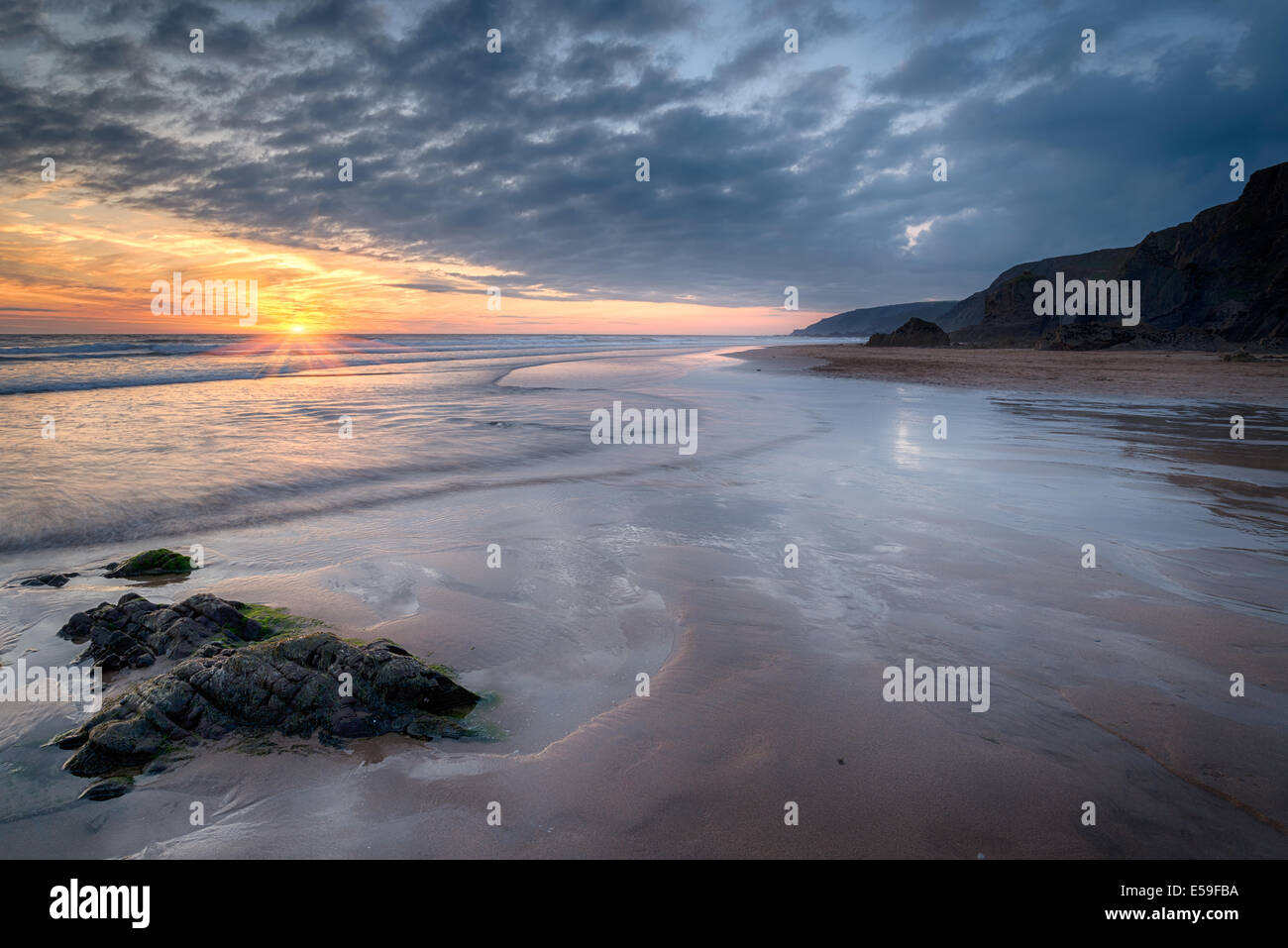Dusk at Sandymouth Beach near Bude on the north Cornwall coast Stock ...