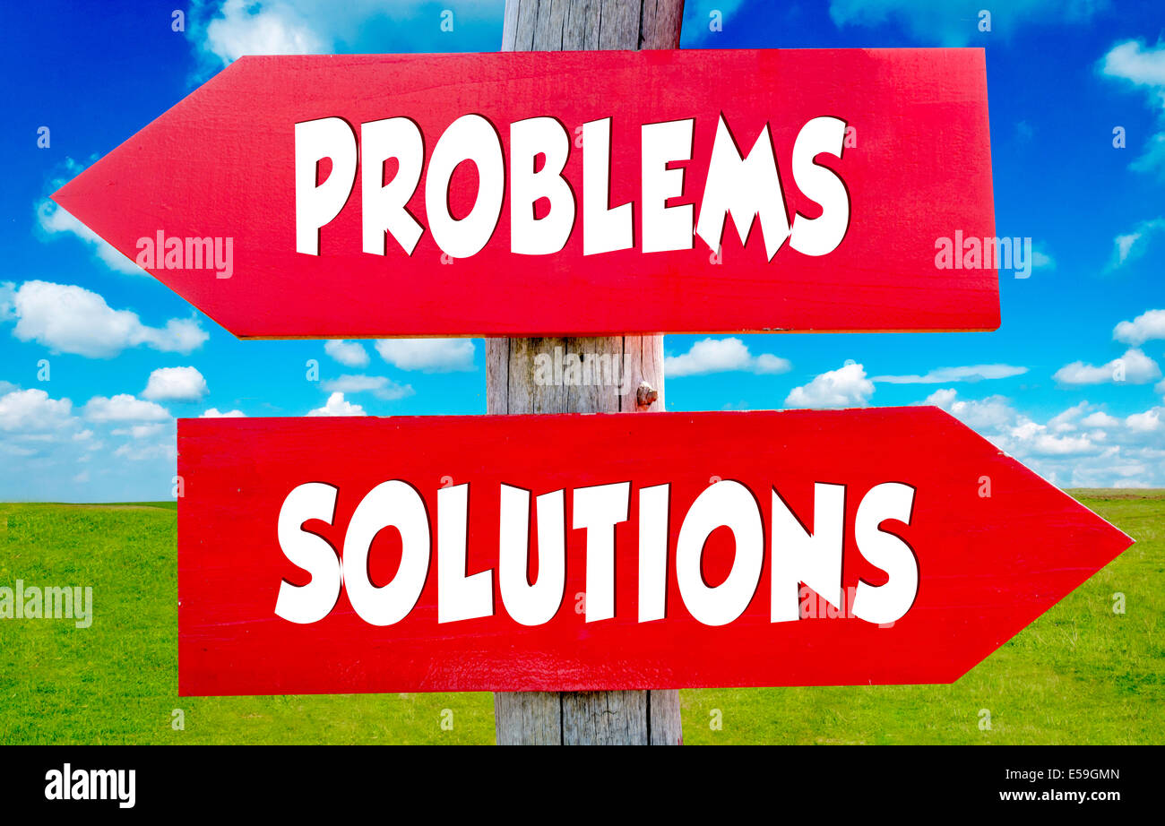 Problems and solutions concept on the red signs with landscape in ...