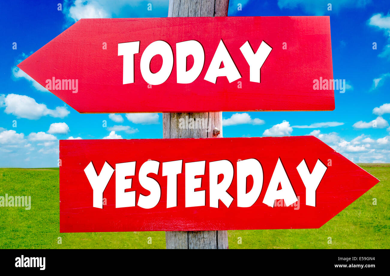 Today and yesterday concept on the red signs with landscape in ...