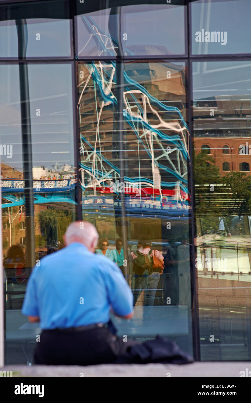 Abstract reflections of Tower Bridge in windows at London in July Stock ...