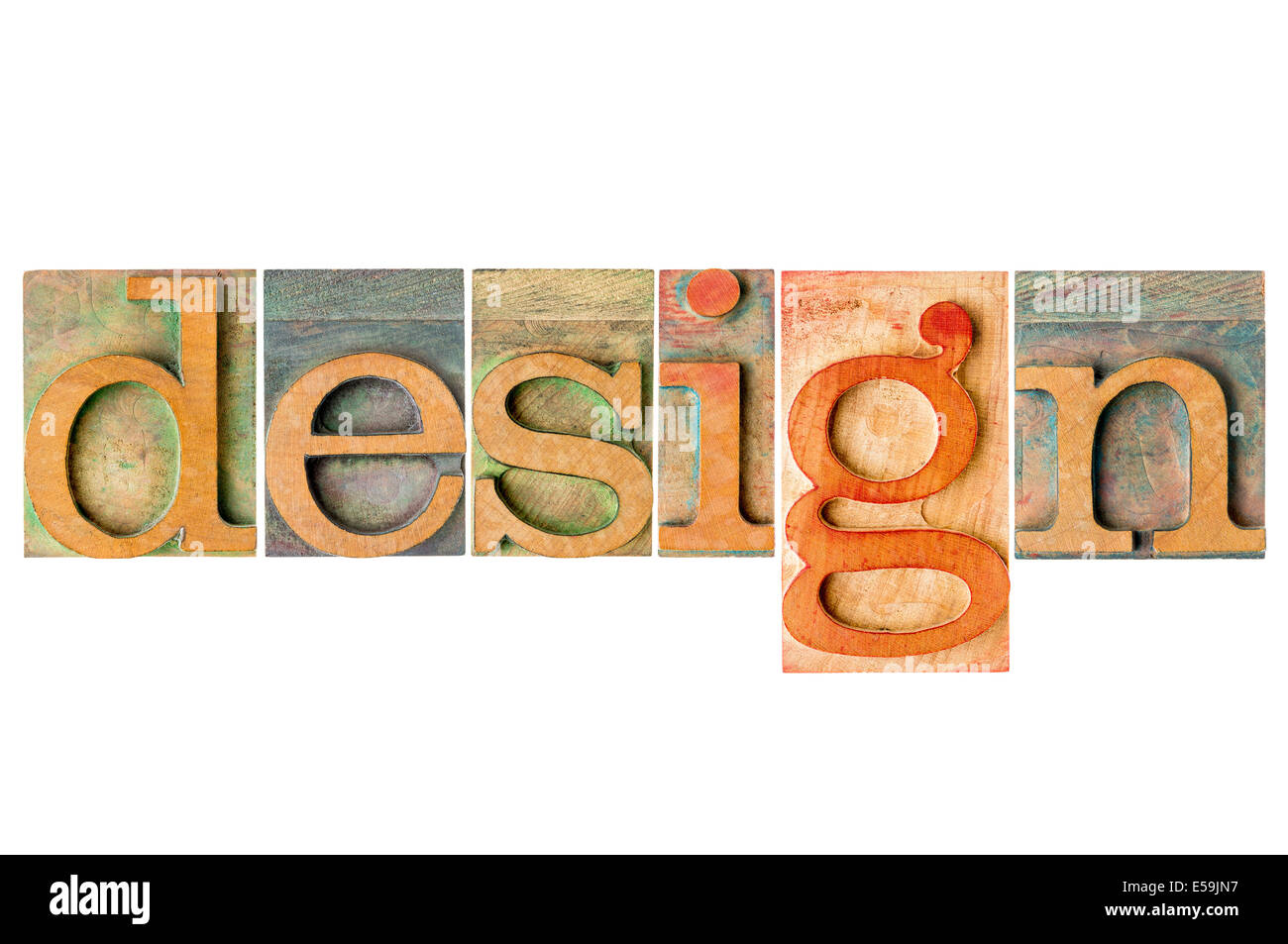 design word - a collage of isolated letterpress wood type printing ...