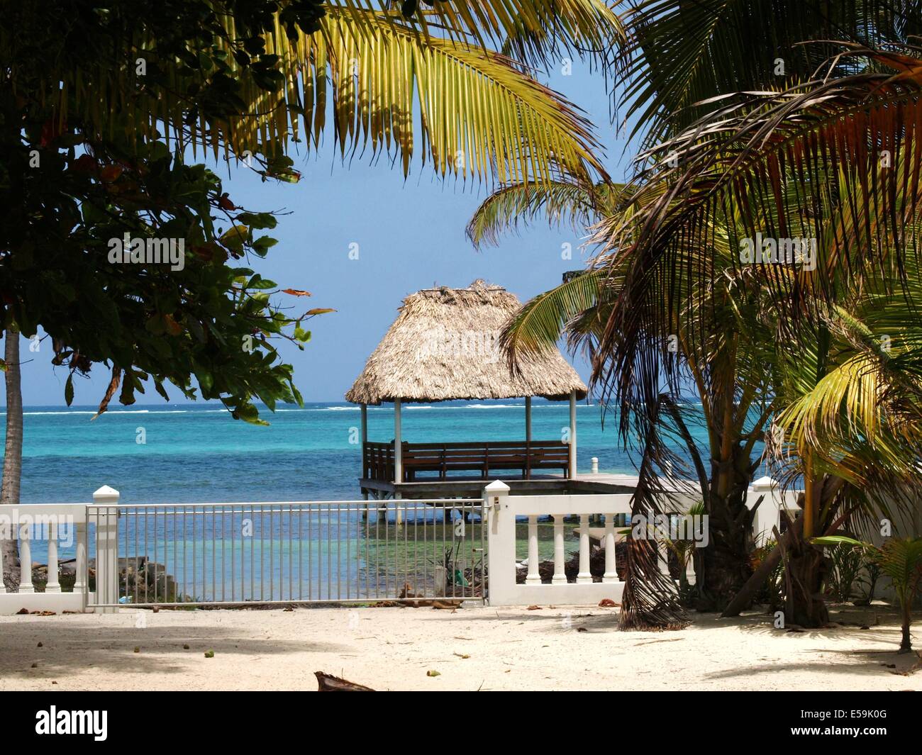Palapa and dock on Ambergris Caye, Belize Stock Photo - Alamy