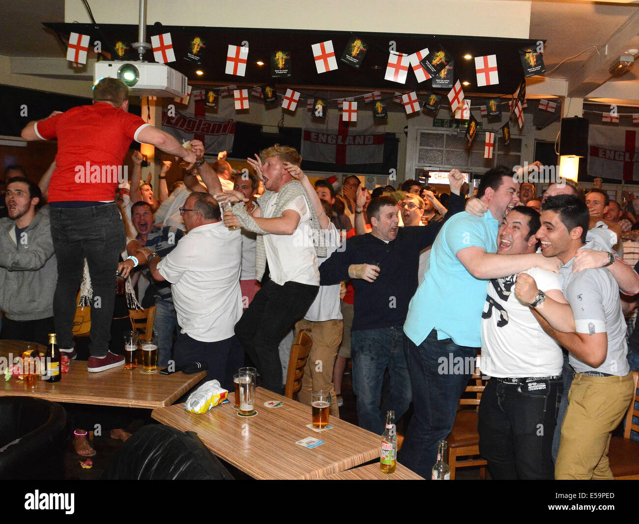 England football fans celebrate an England goal whist watching a world ...