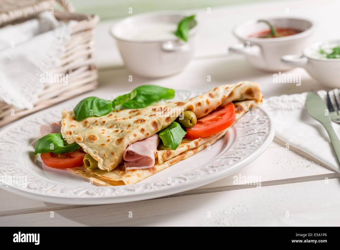 Pancake with vegetables and ham Stock Photo - Alamy