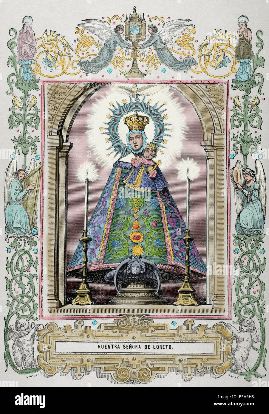 Our Lady of Loreto. Engraving by Capuz. Ano Cristino, 1853. Colored ...