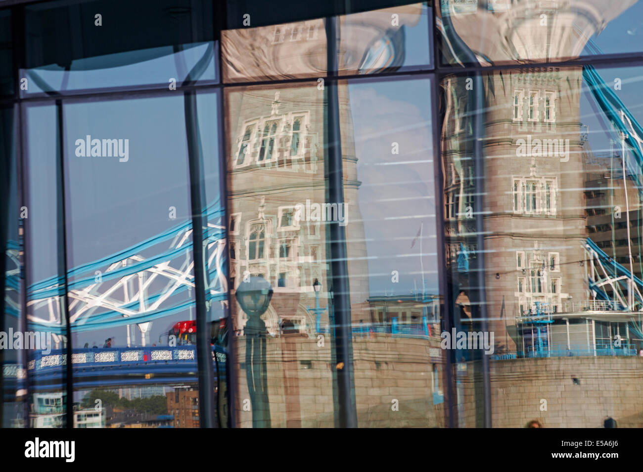 Abstract reflections of Tower Bridge in windows at London in July Stock ...