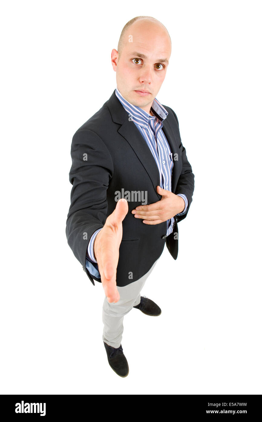 young casual man full body, offering his hand, in a white background ...