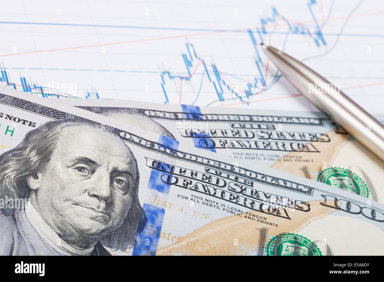 100 USA dollars banknote with pen over stock market chart - studio shot ...