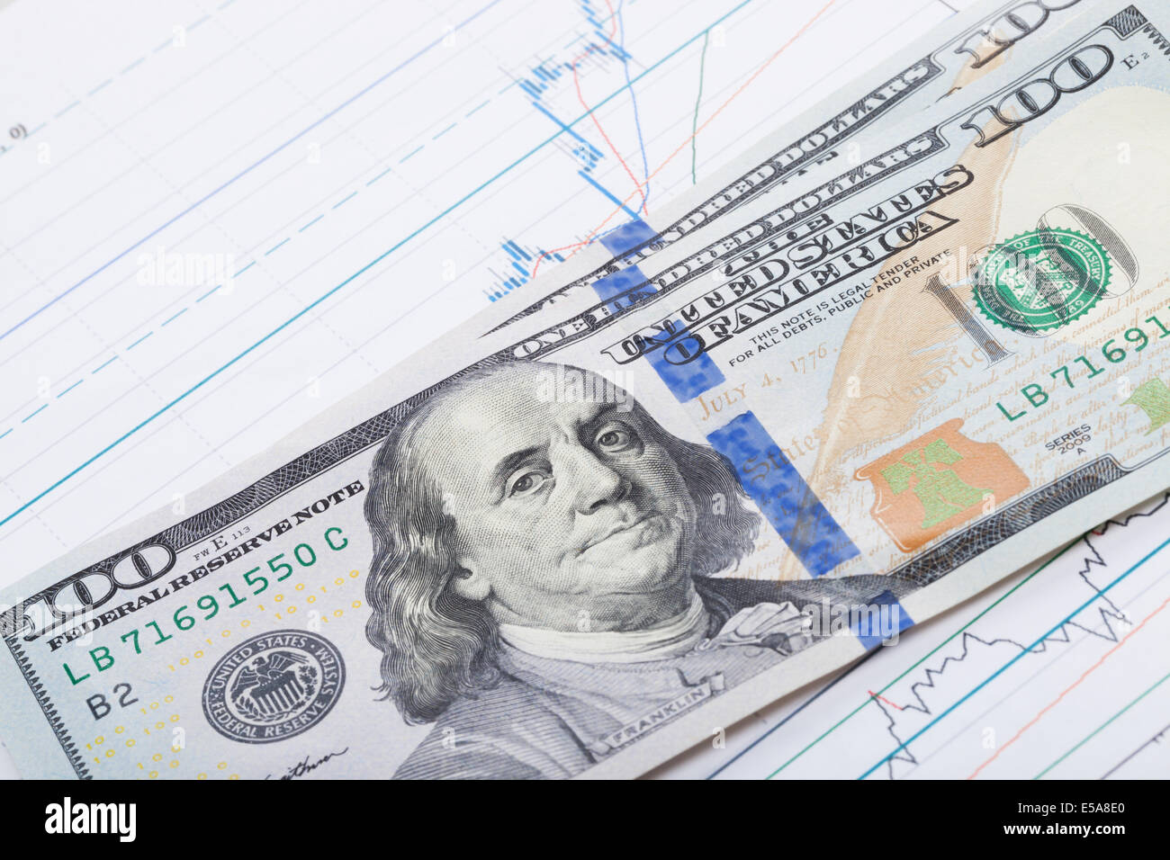 100 USA dollars banknote over stock market chart - studio shot Stock ...