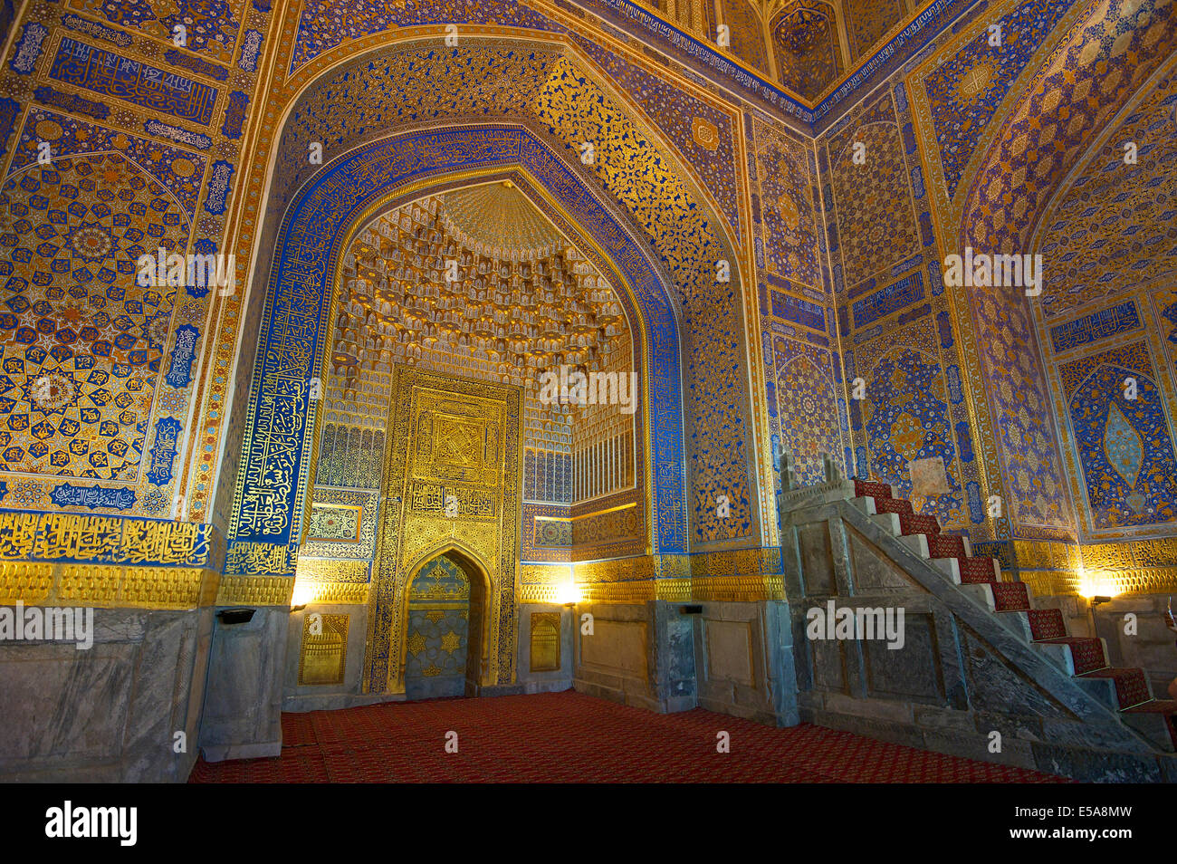 Interior decorated in gold, mosque in the Ulugh Beg Madrasah, Registan ...