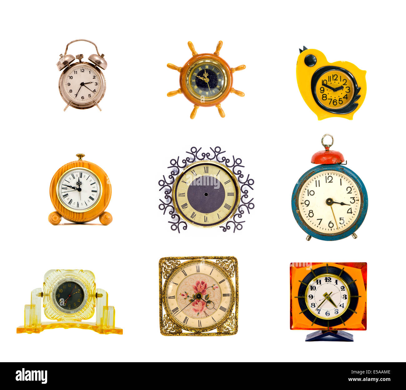 ancient clock collection isolated on white background Stock Photo - Alamy