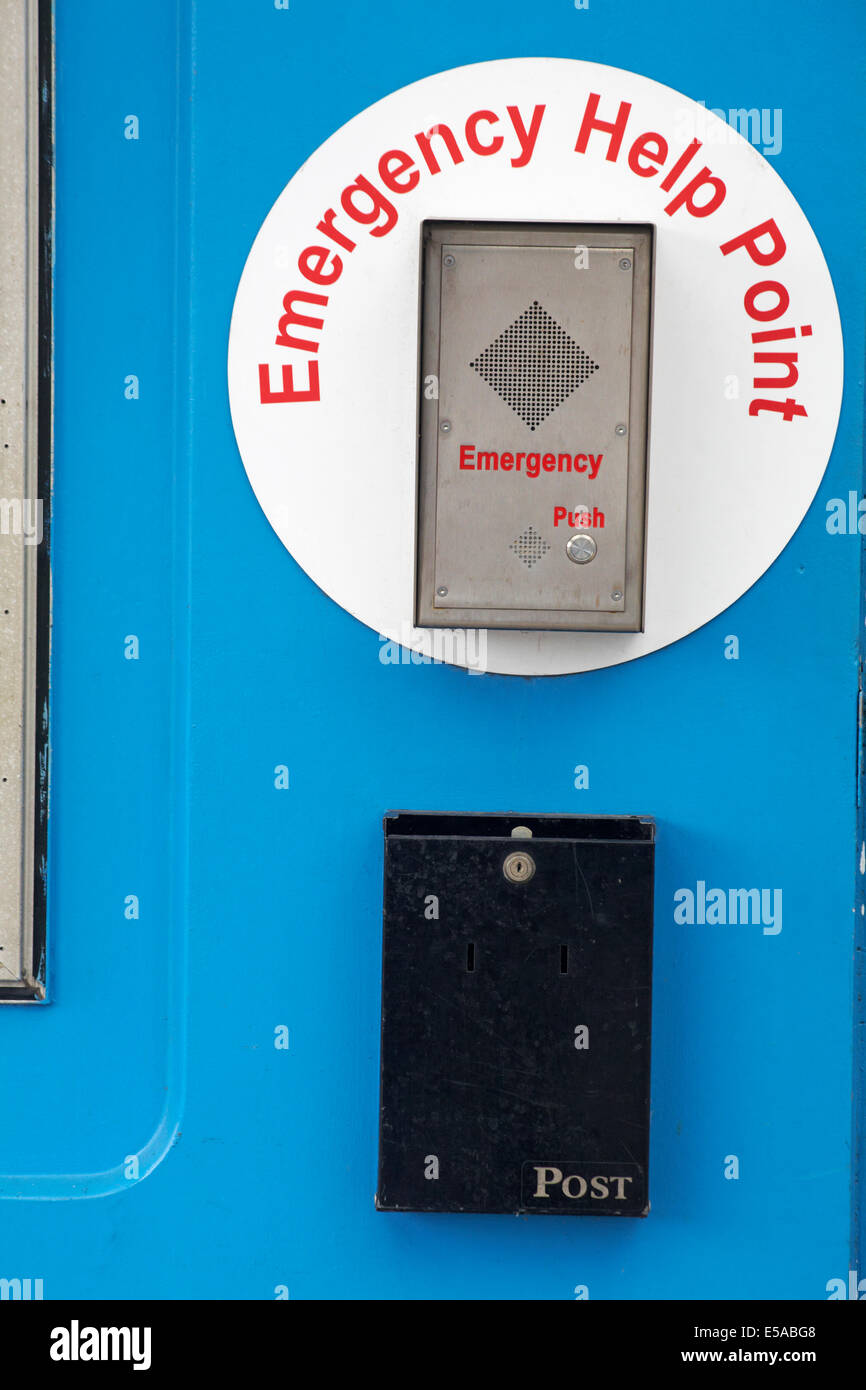 Emergency help point and post box at ferry boat terminal at London in ...