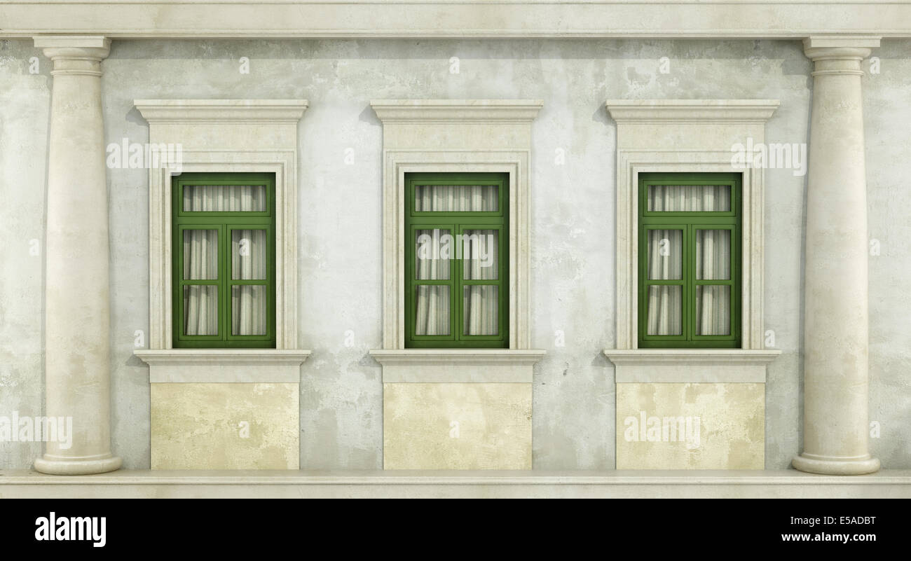 Detail of classic facade with three green windows and column ...