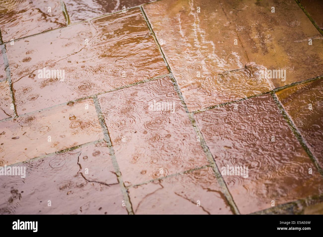 Heavy rain splashing onto a paved patio Stock Photo - Alamy