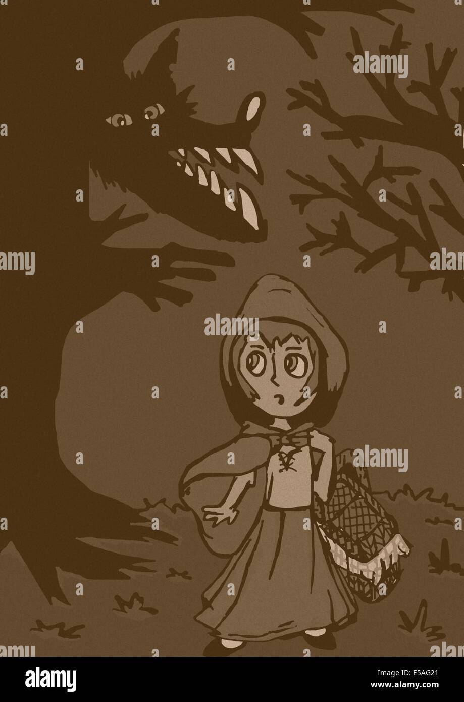 Vintage little red riding hood in the forest Stock Photo - Alamy