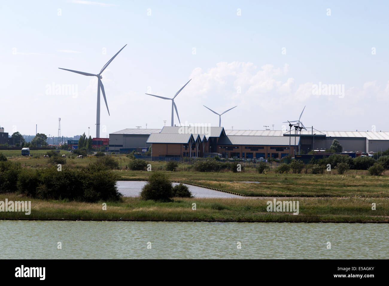 Wind Turbines at the Port of Tilbury, Essex, England, UK Stock Photo ...