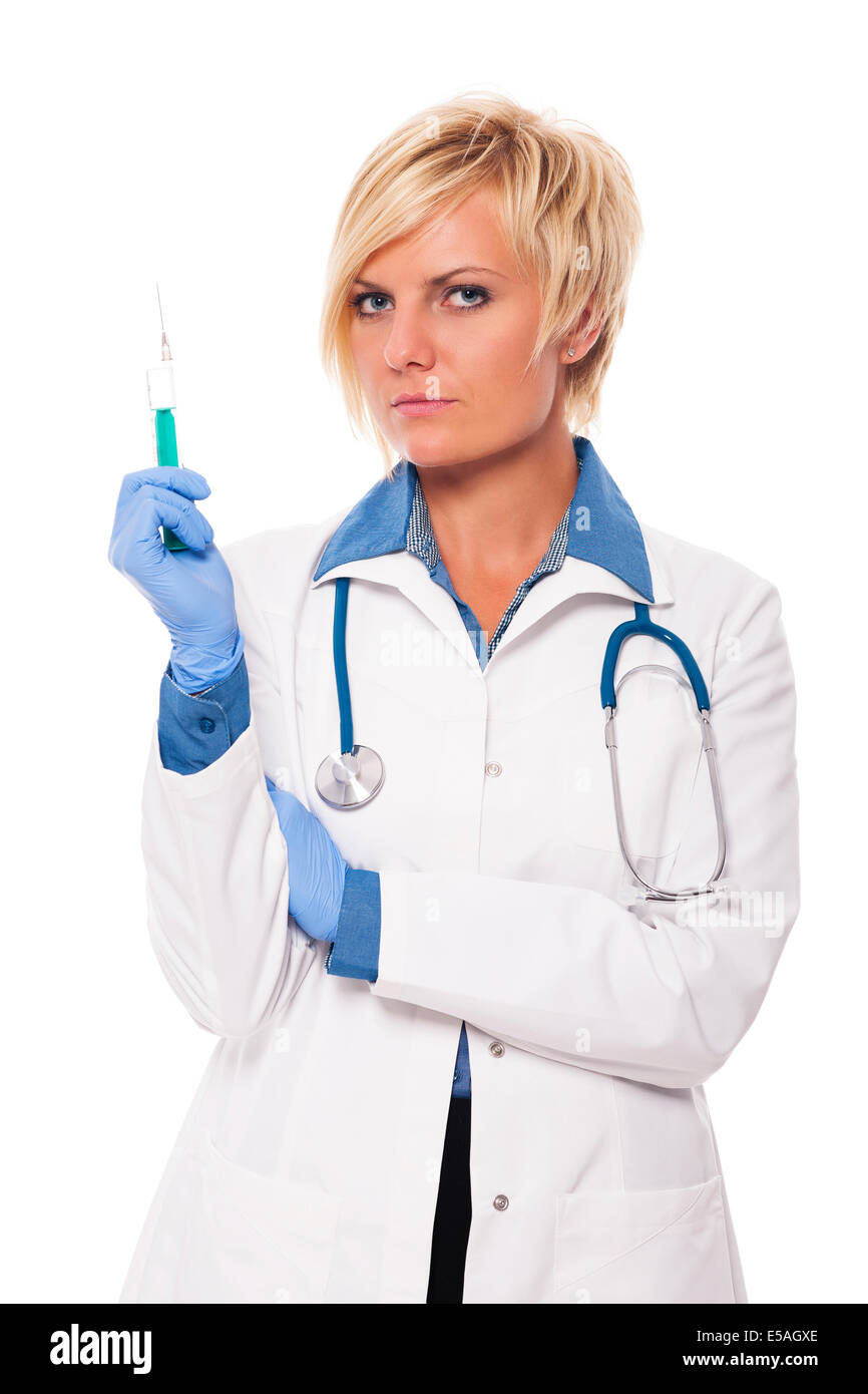 Serious female doctor is ready for an injection, Debica, Poland Stock ...