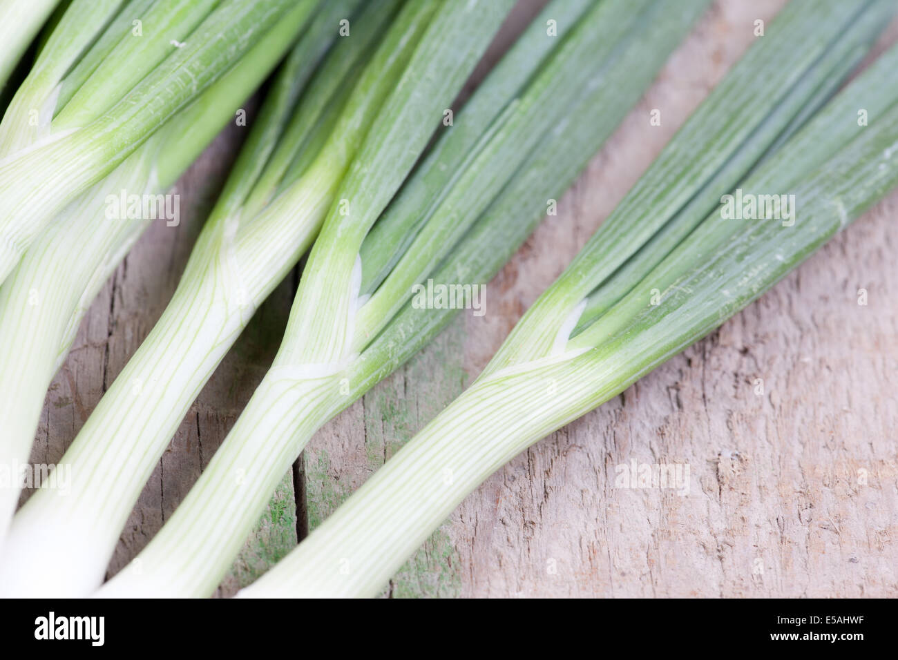 close up spring onions on rough wood Stock Photo - Alamy