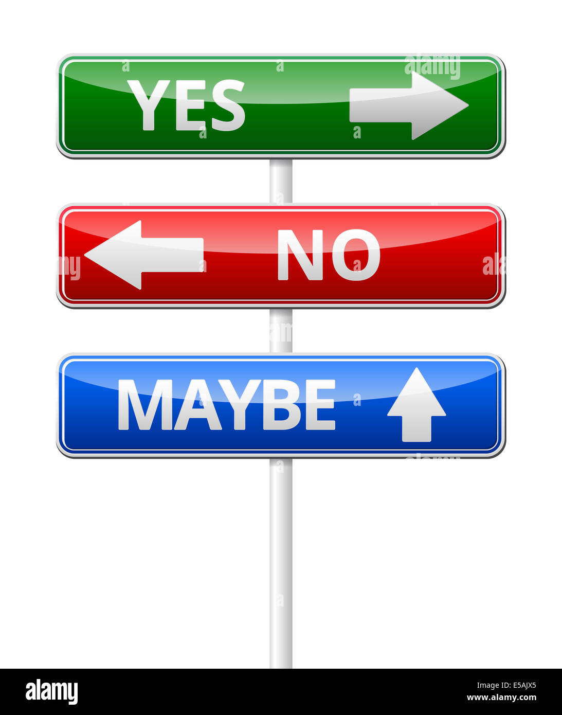 Yes, No, Maybe - three colorful traffic sign with way isolated on white ...