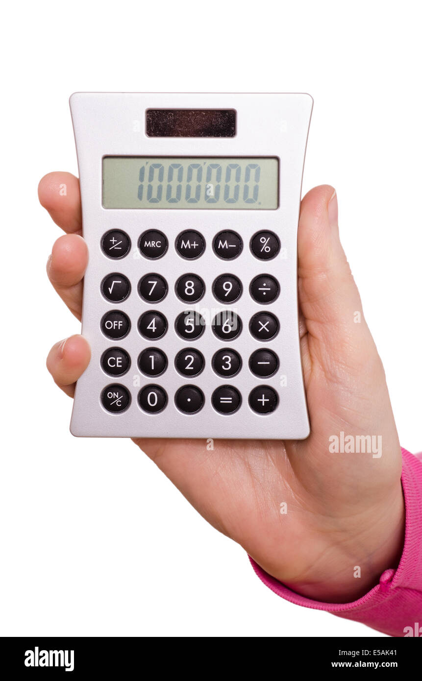 Hand is holding a pocket calculator and displaying one million Stock ...