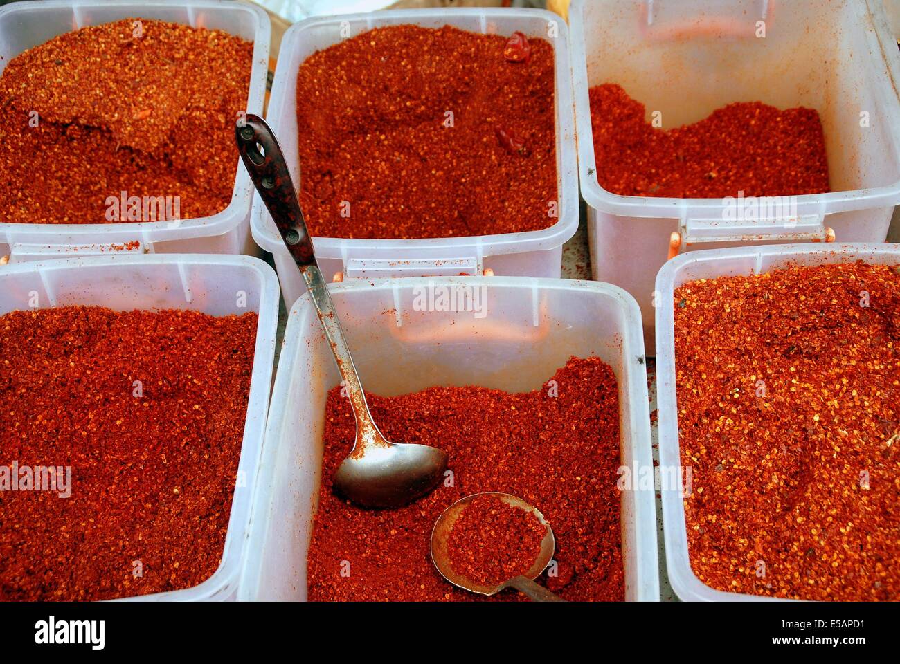 PENGZHOU, CHINA: DIFFERENT VARIETIES OF HOT GROUND SICHUAN RED PEPPERS ...