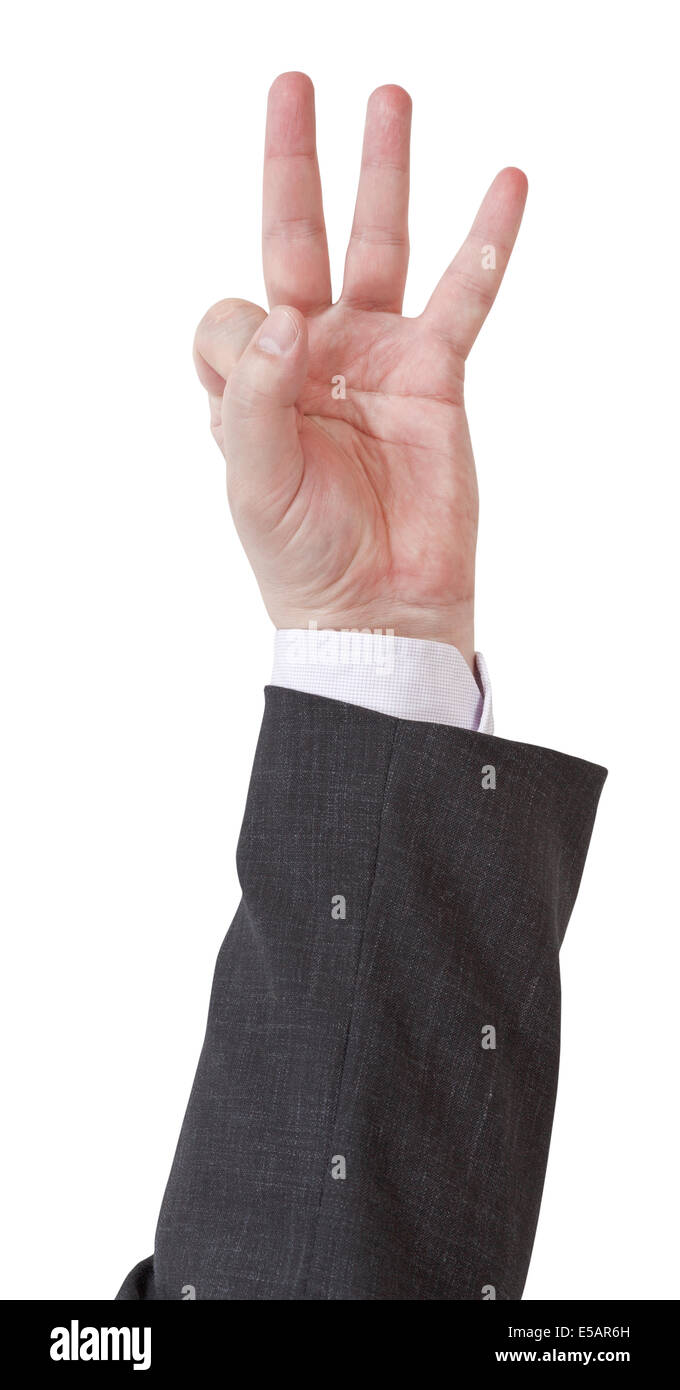 counting by three fingers - hand gesture isolated on white background ...
