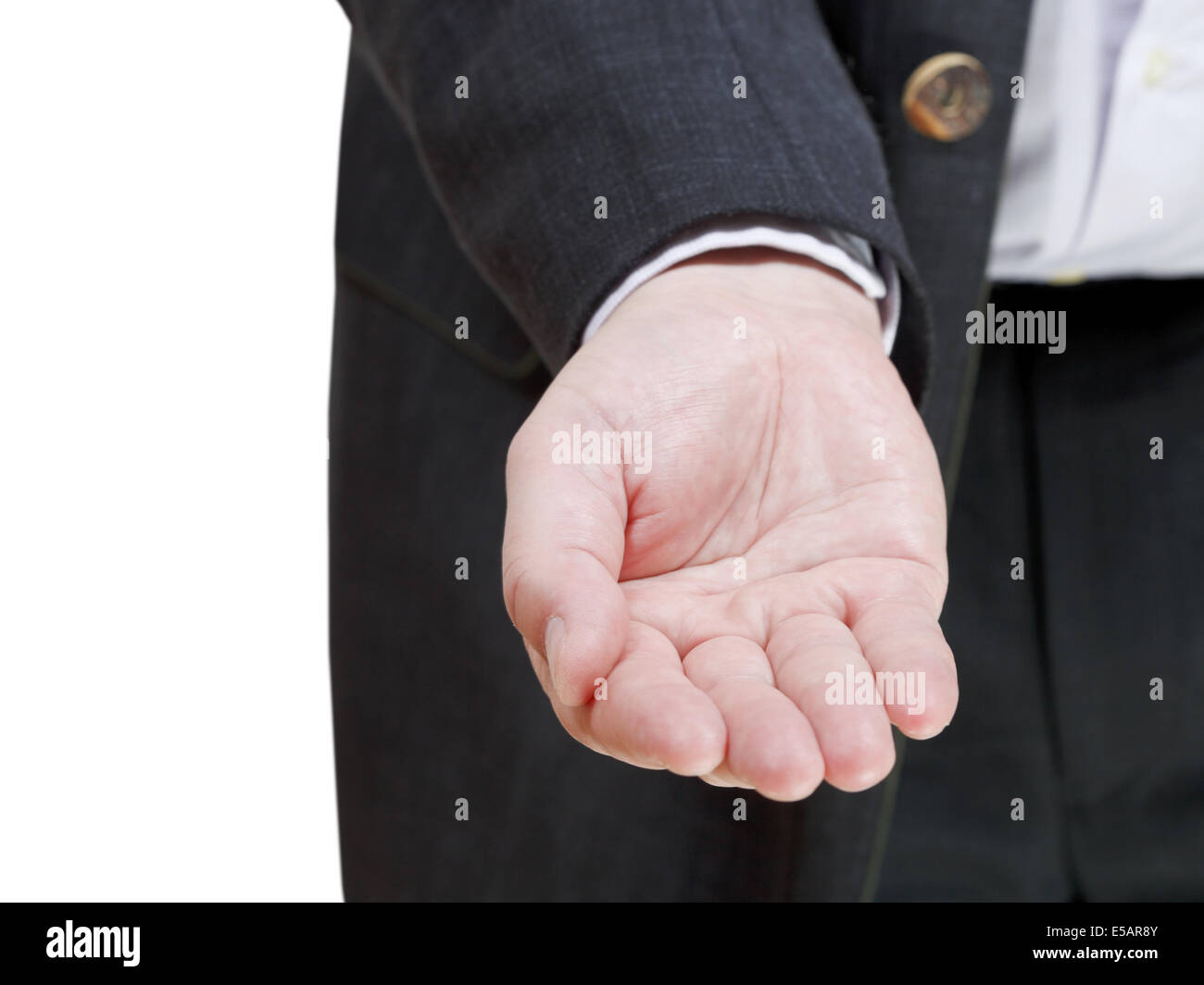 businessman stretches handful - hand gesture isolated on white ...