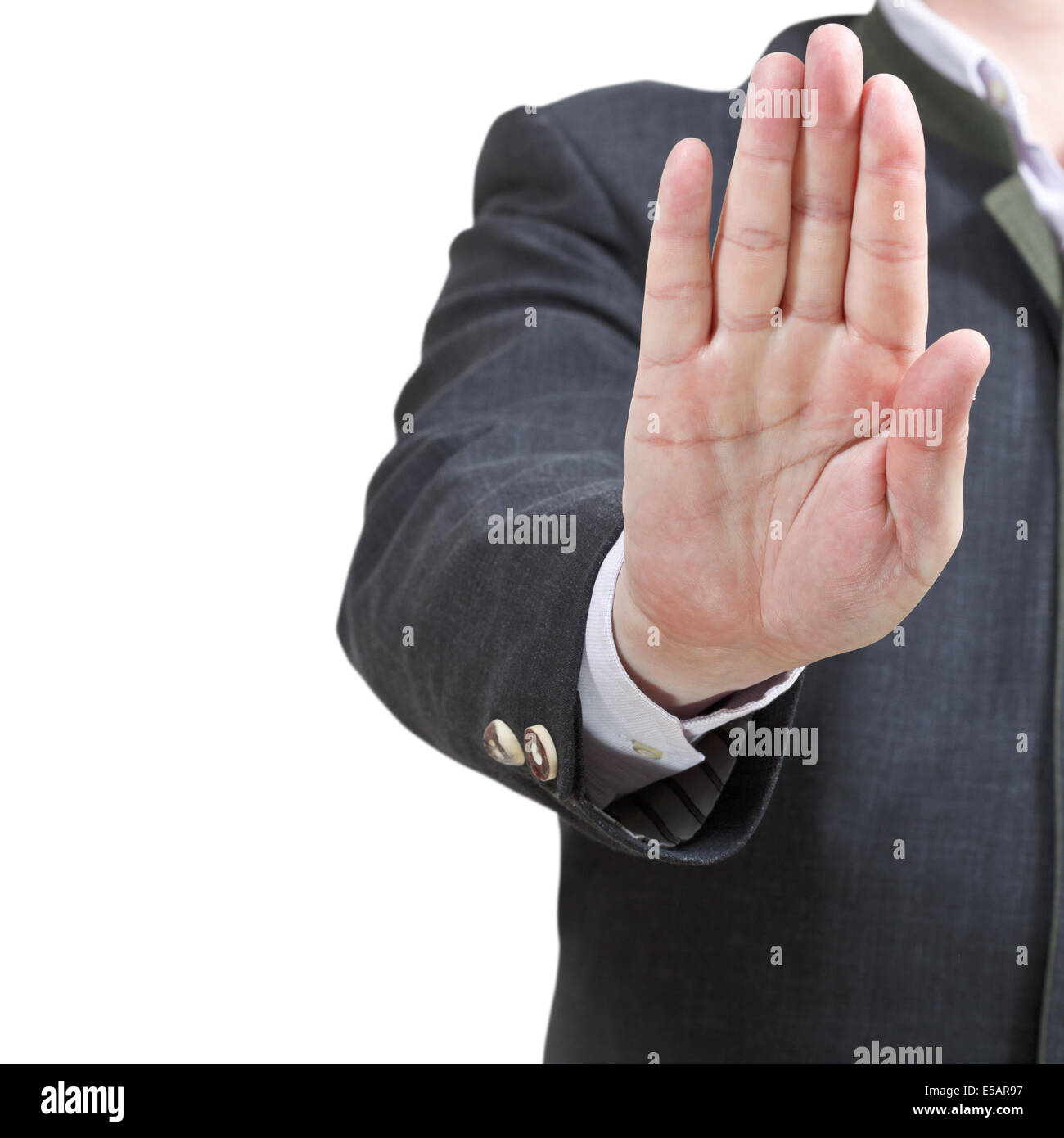 stop sign by one open palm - businessman hand gesture isolated on white ...