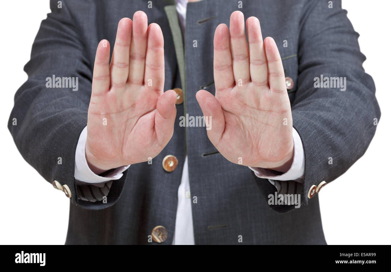stop sign by two palms - businessman hand gesture isolated on white ...
