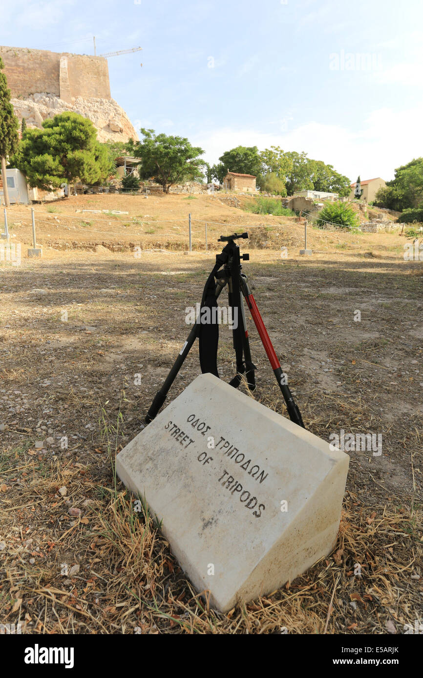 Street of Tripods sign (with a modern camera tripod next to it Stock ...