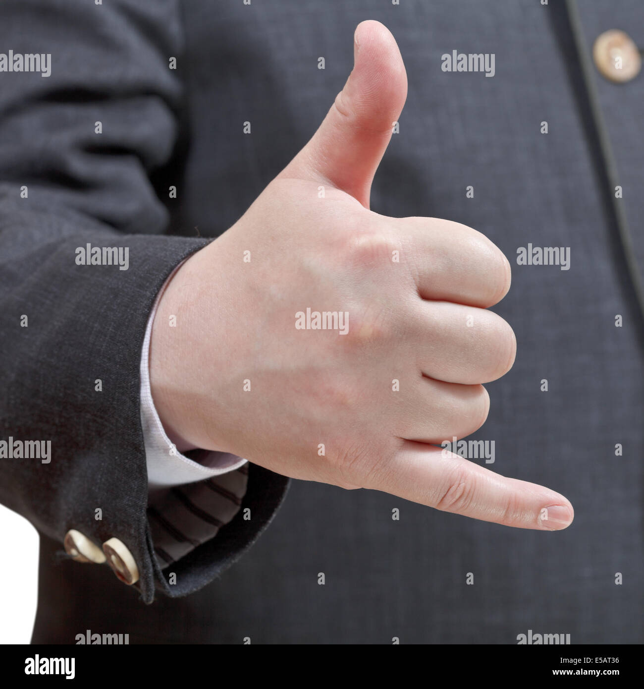 businessman shows phone call sign - hand gesture isolated on white ...