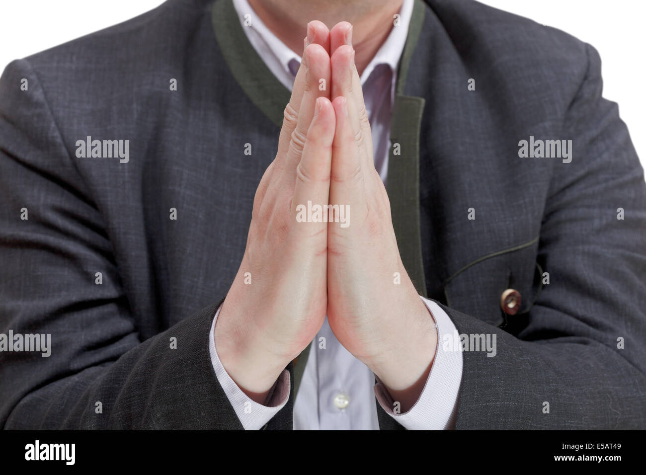 front view of businessman praying hands - hand gesture isolated on ...