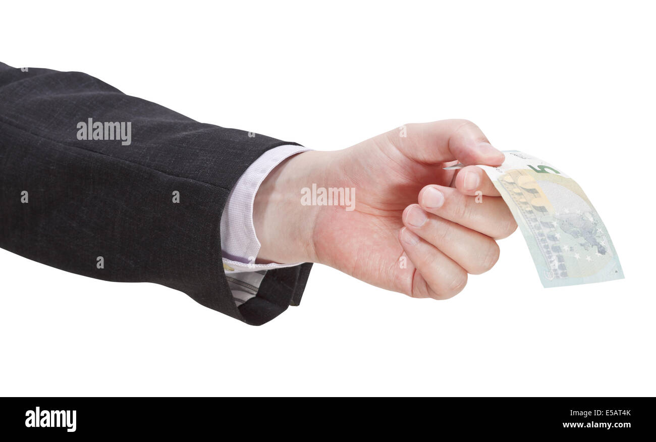 five euro banknote in businessman hand isolated on white background ...