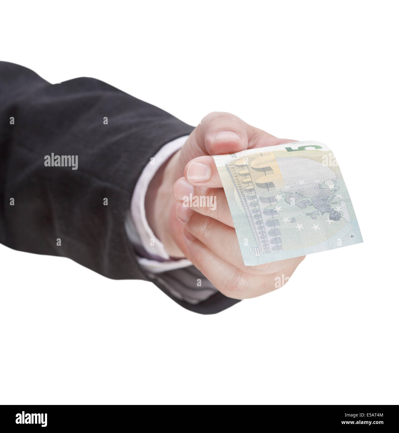 five euro banknote in male hand isolated on white background Stock ...
