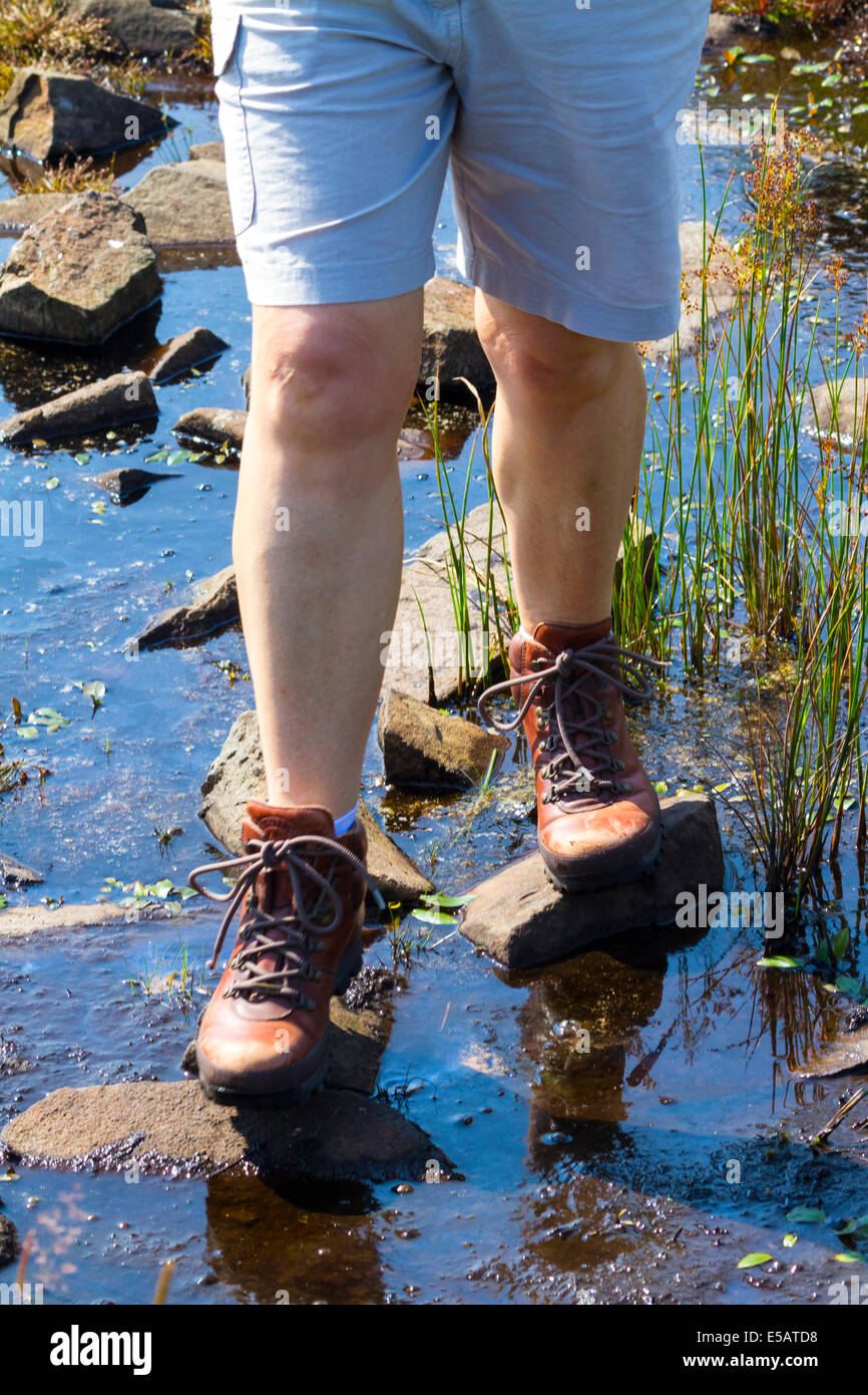 A Woman Hiker using Stepping Stones to cross a stream at The Grey Man's ...
